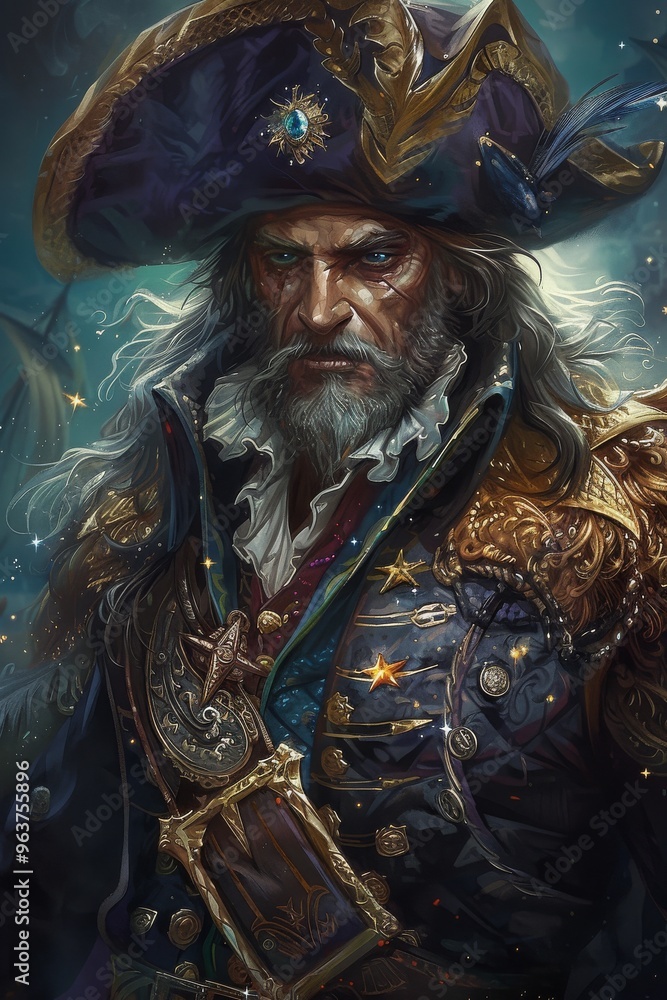 Pirate fictional character card design featuring a bold gold and blue ...