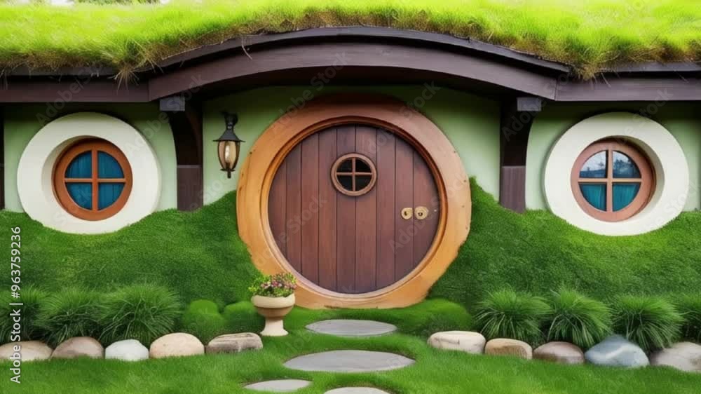 Enchanting hobbit house featuring a round doorway, circular windows ...