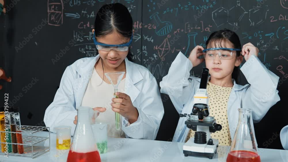 Young high school student doing experiment by pouring sample in test ...