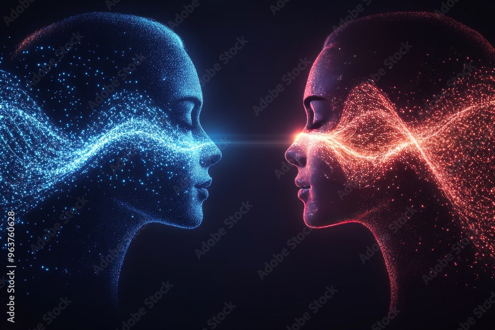 Mental processor brain wave Two faces connected by glowing energy ...