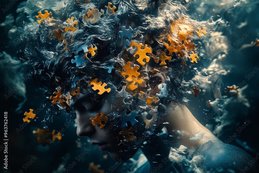 Cognitive function brain puzzle Human head covered in blue and orange ...