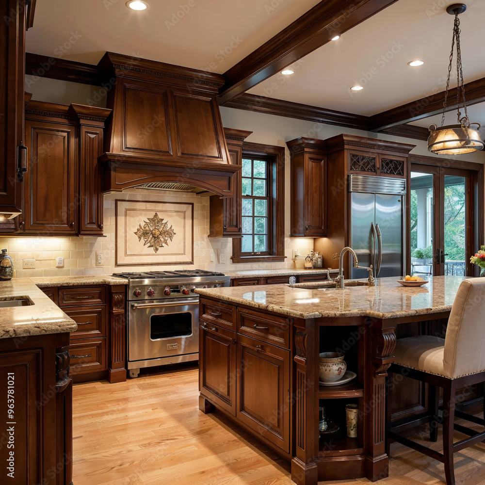 Traditional Luxury Kitchen Design with Rich Wooden Cabinets and Granite ...