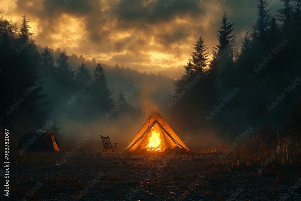 Haunted camping scene with ghost stories around a glowing fire and ...