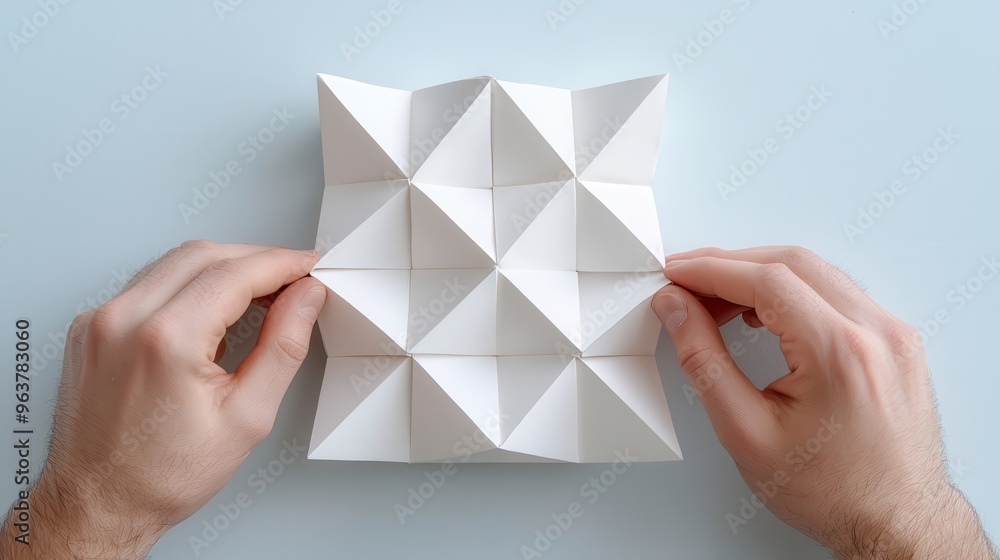 Hands pressing down on the final folds of an origami box, creating a ...
