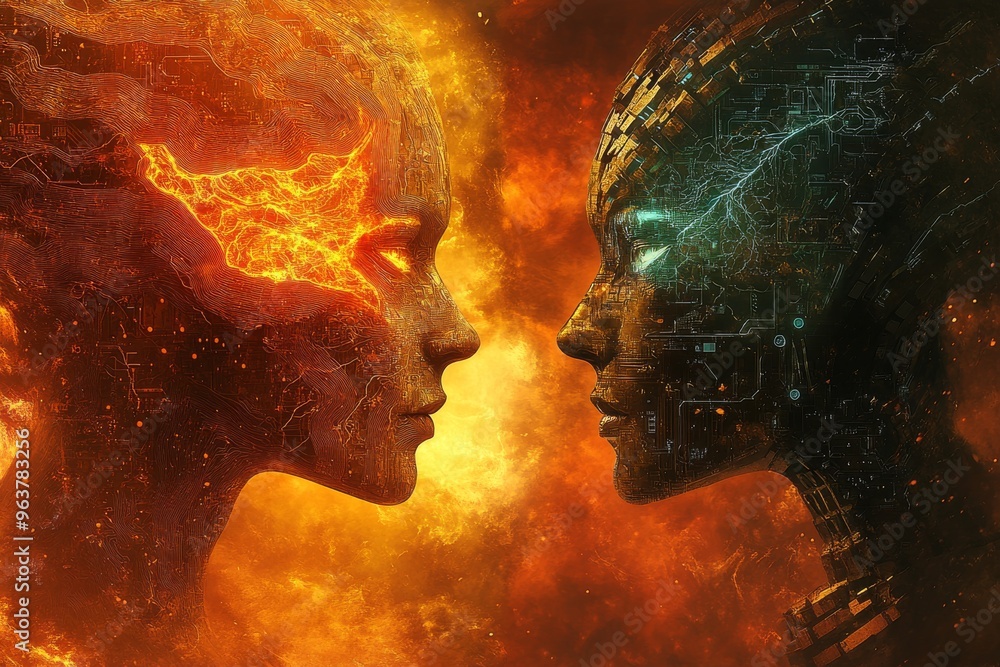 Brain potential Brain Chip Fiery abstract depiction of two humanoid ...