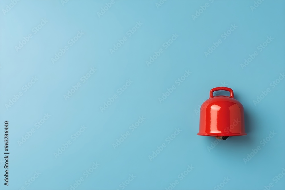 Red fire alarm bell. Fire alarm detector on blue background with copy ...