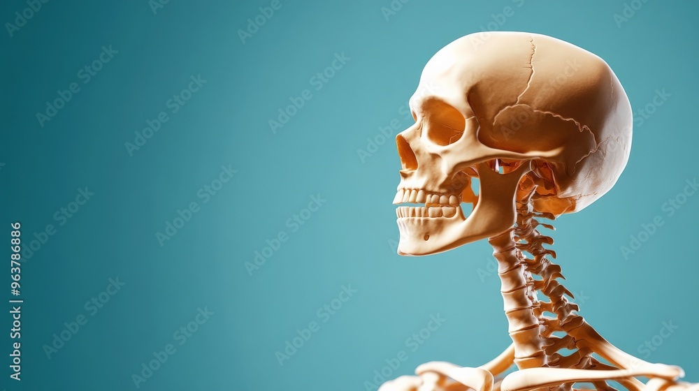 Detailed side view of a human skull and upper skeleton isolated on a ...