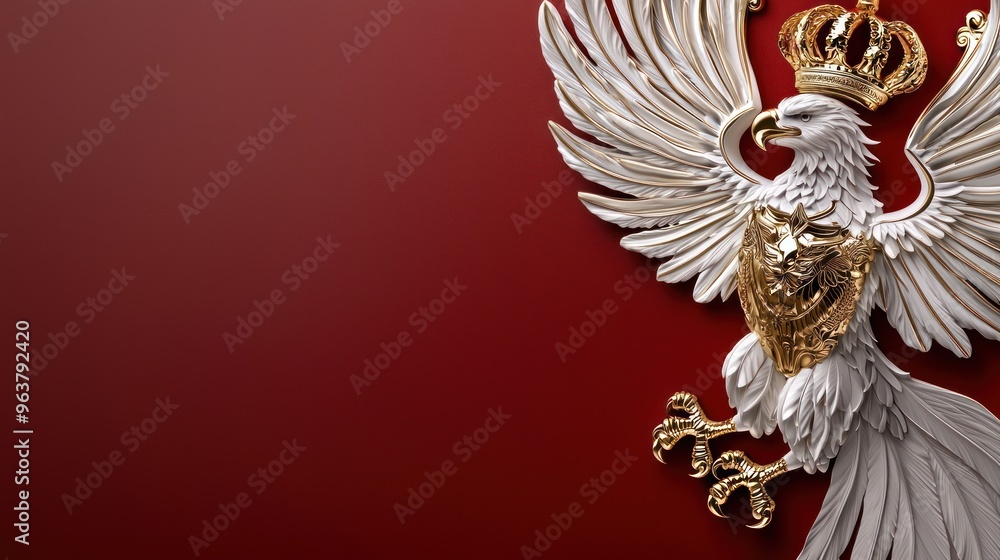 Royal symbol: white eagle with golden talons and crown, standing ...
