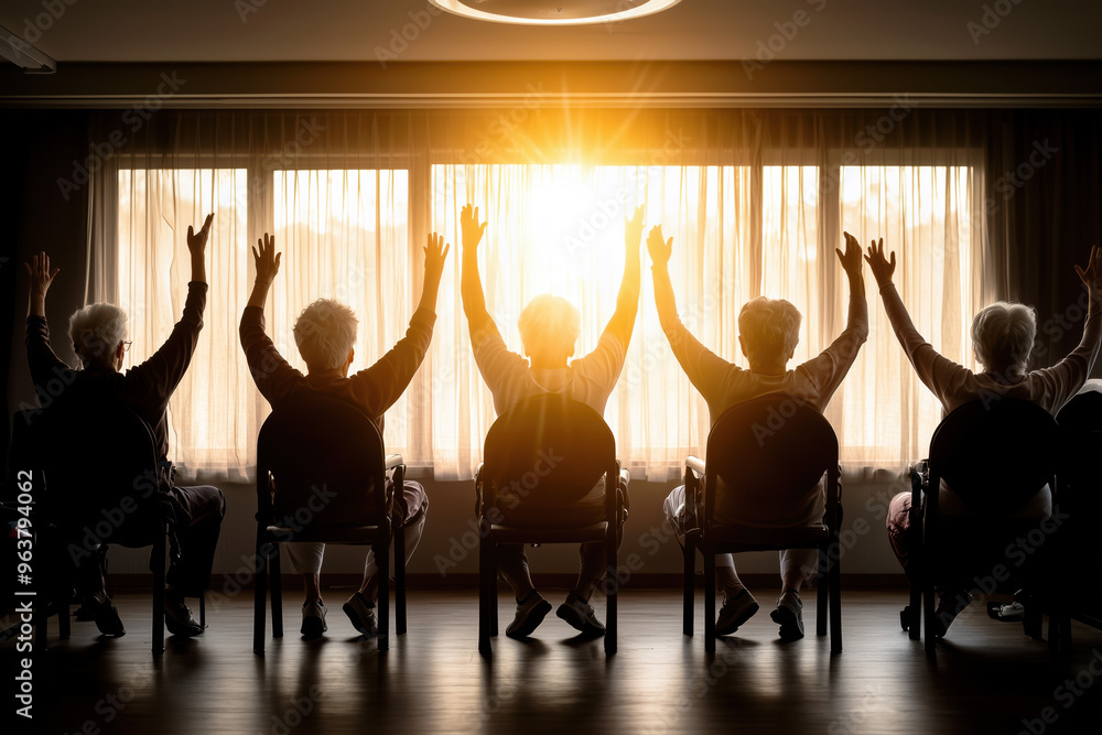 Silhouetted seniors unite in a powerful gesture, arms raised towards ...