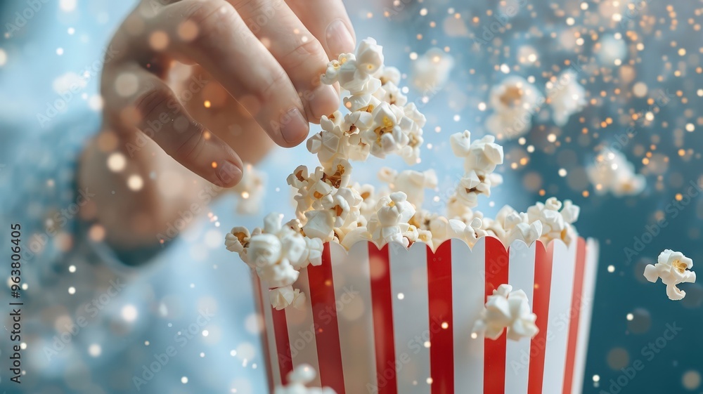 A hand reaching into a popcorn bucket, grabbing a handful of buttery ...