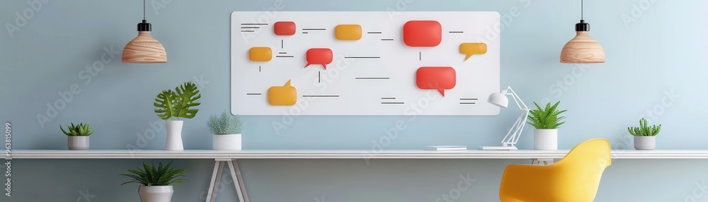 Modern office workspace with a flowchart on the wall, indoor plants ...