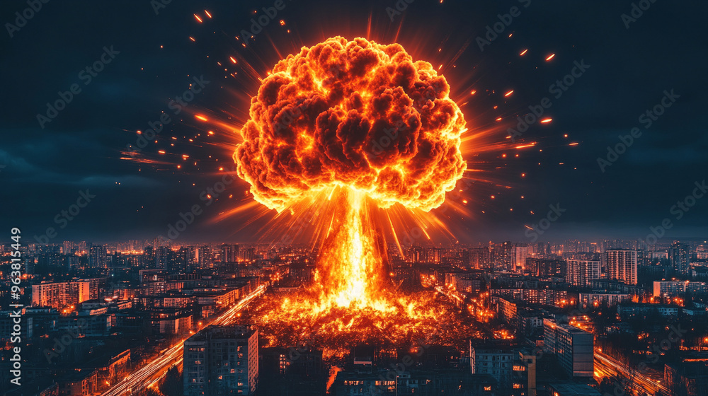 devastating nuclear explosion. The towering mushroom cloud dominates ...