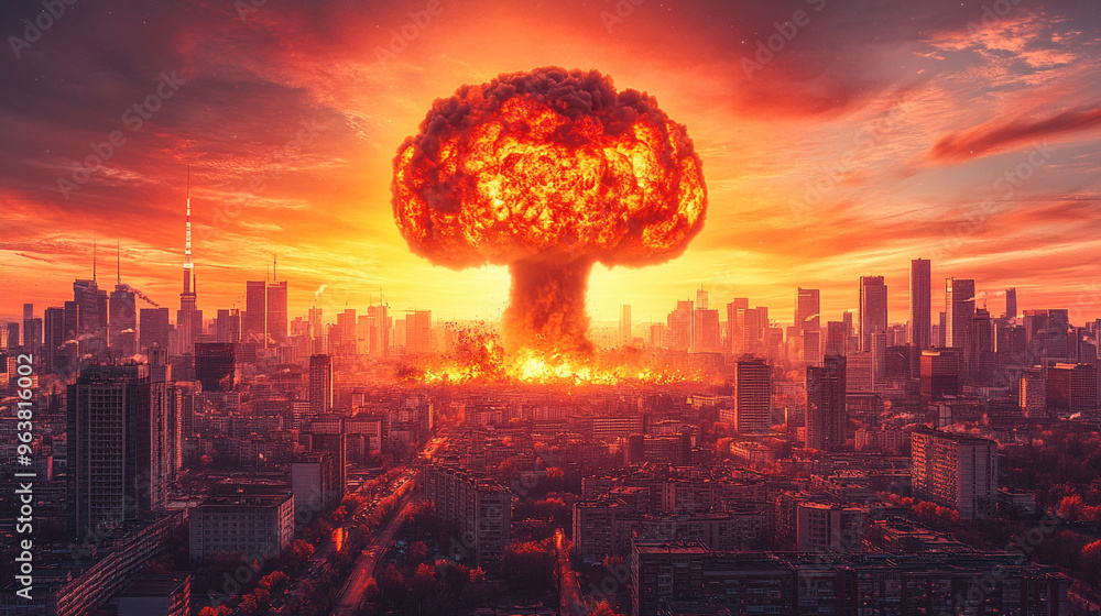 devastating nuclear explosion. The towering mushroom cloud dominates ...