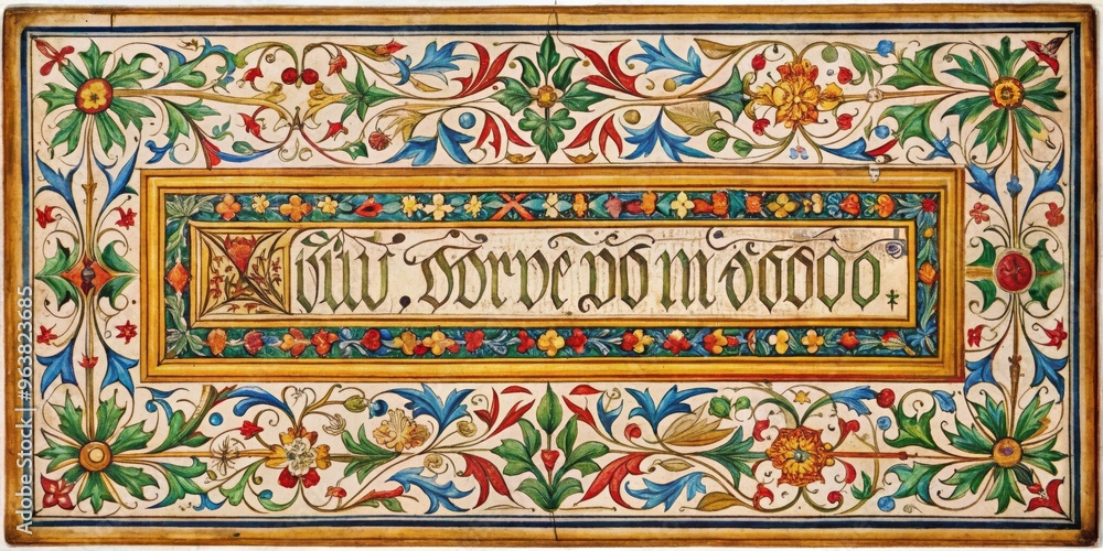 Illuminated Manuscript Border with Floral Motifs and Script, Watercolor ...