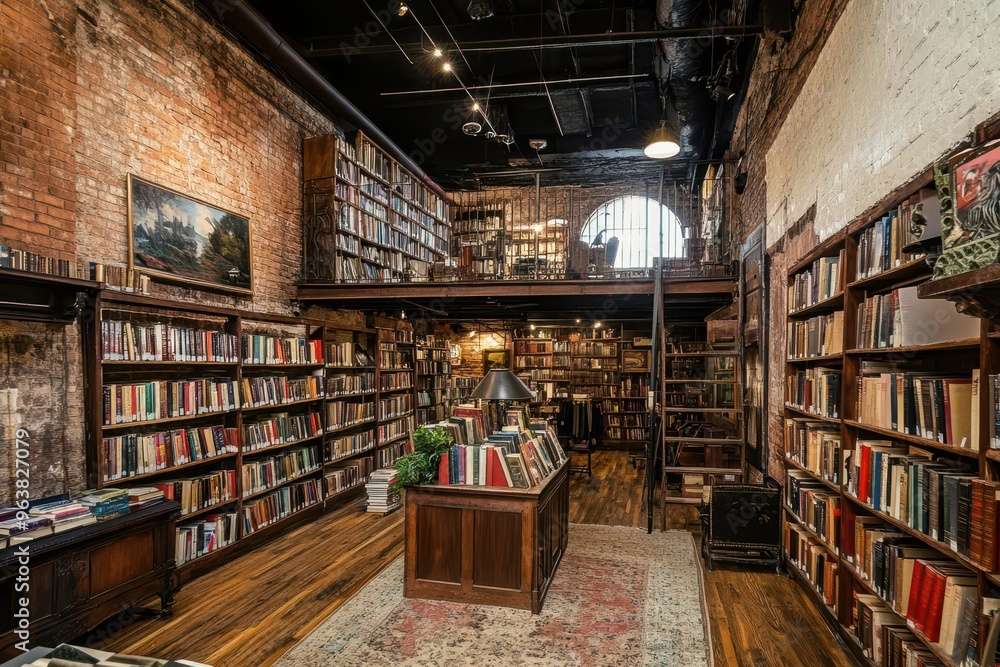 Vintage bookstore with exposed brick walls and antique wooden shelves ...