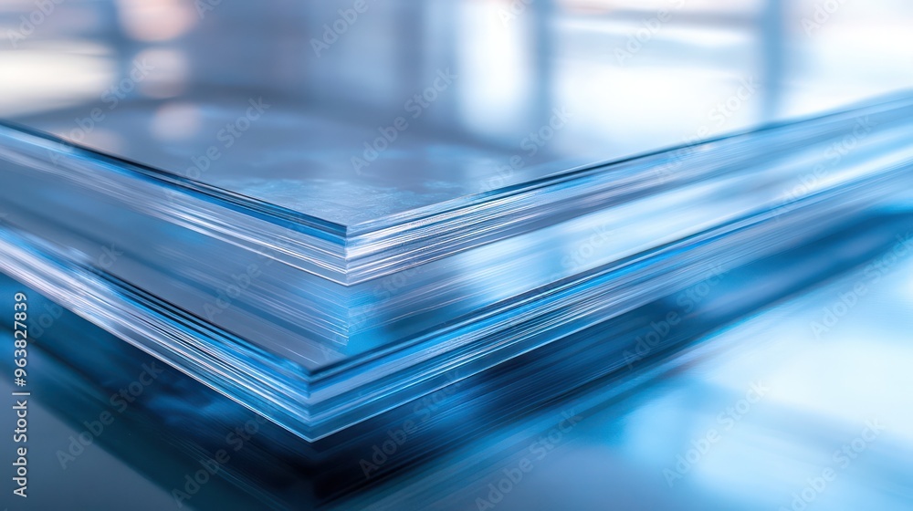 A stack of clear plastic sheets with a blue tint. The sheets are ...