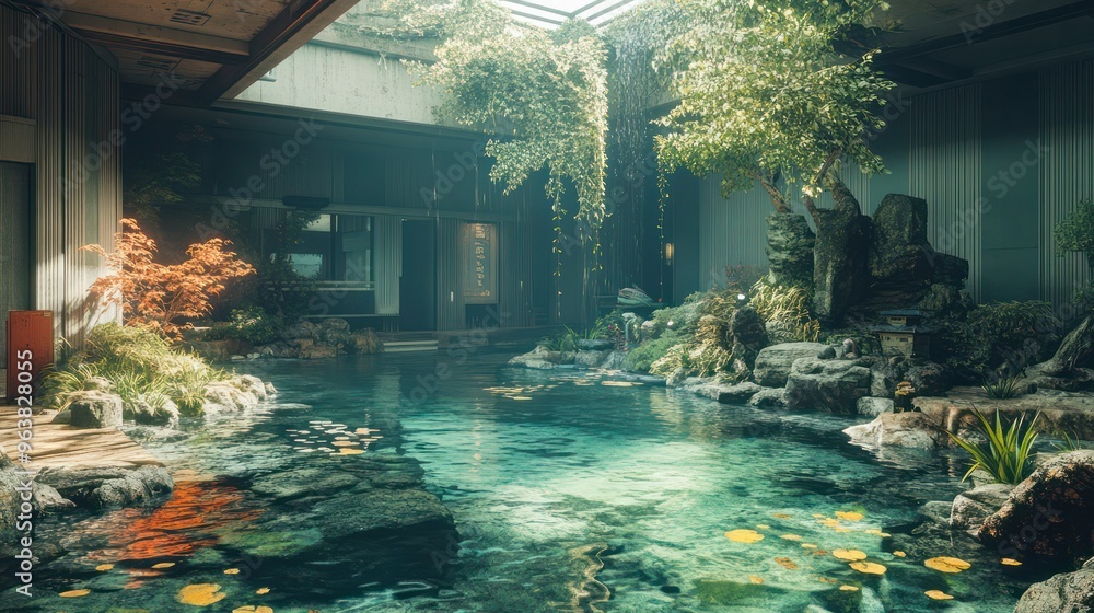 A lush green garden with a pond and a tree. The pond is filled with ...