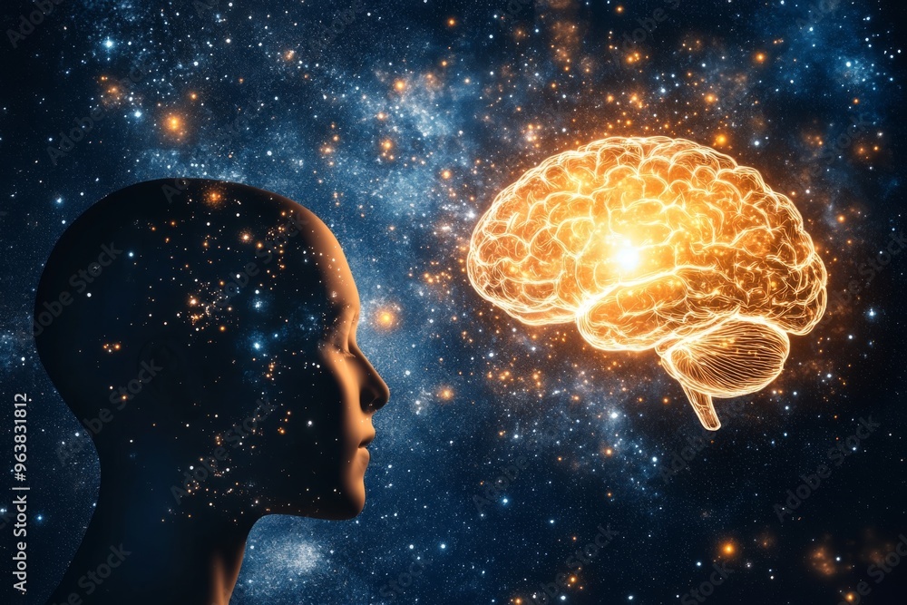 Cortical mapping deep brain stimulation and brain lateralization conceptual glowing brain in ...