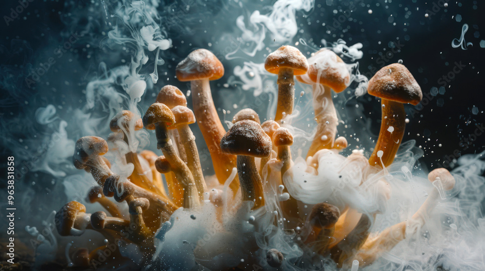 A bunch of psilocybin mushrooms floats in a cloud of thick white ...