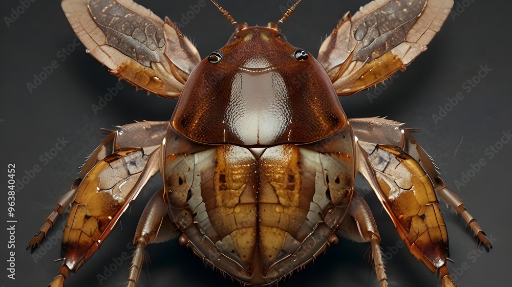 A highly detailed close-up of a cockroach, showing its glossy brown ...