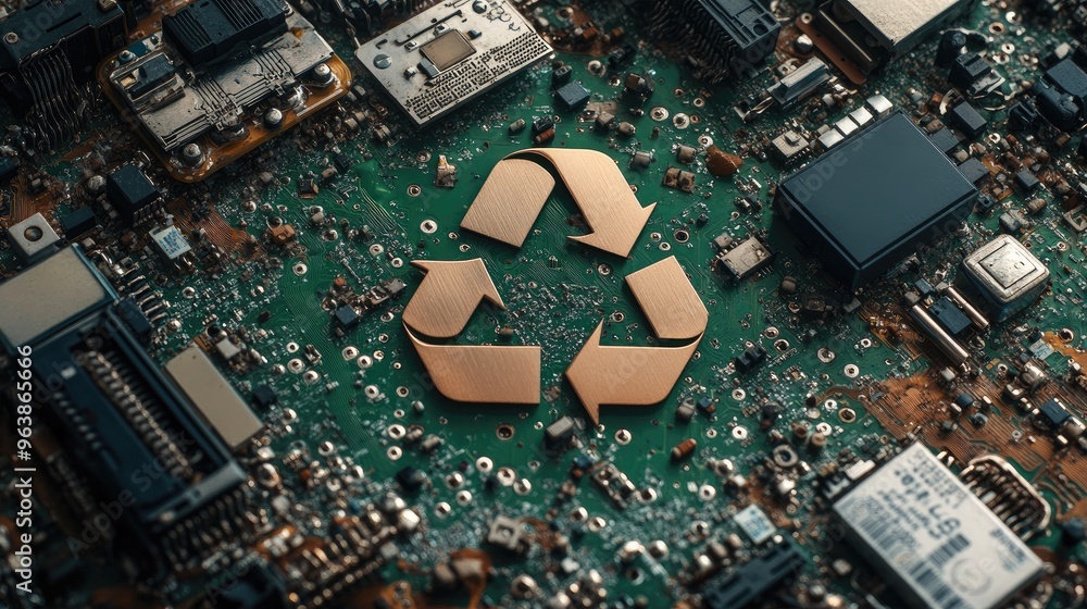 Computer parts and a recycle symbol, promoting the importance of e ...