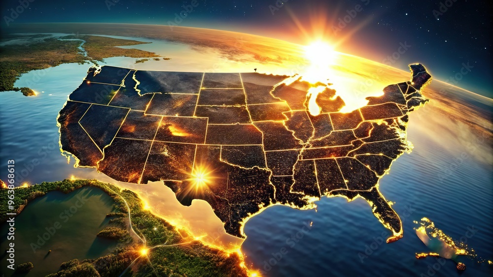 A dramatic, high-quality image of the United States map at dusk, with ...