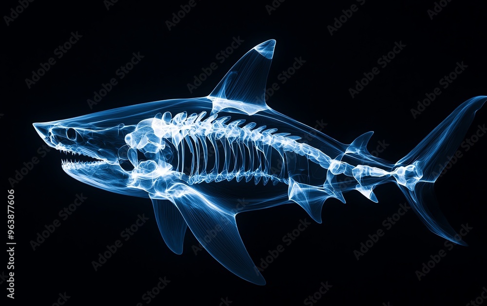 X-ray image of a shark showcasing its skeletal structure against a dark ...