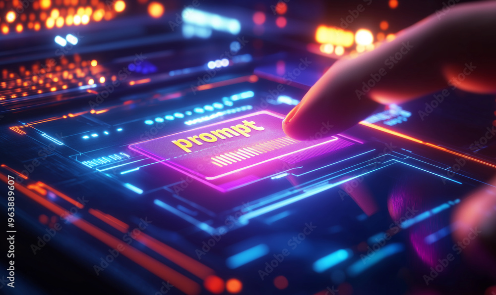Futuristic command prompt on a digital interface with a holographic ...
