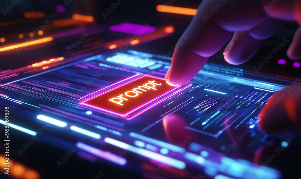 Futuristic command prompt on a digital interface with a holographic ...