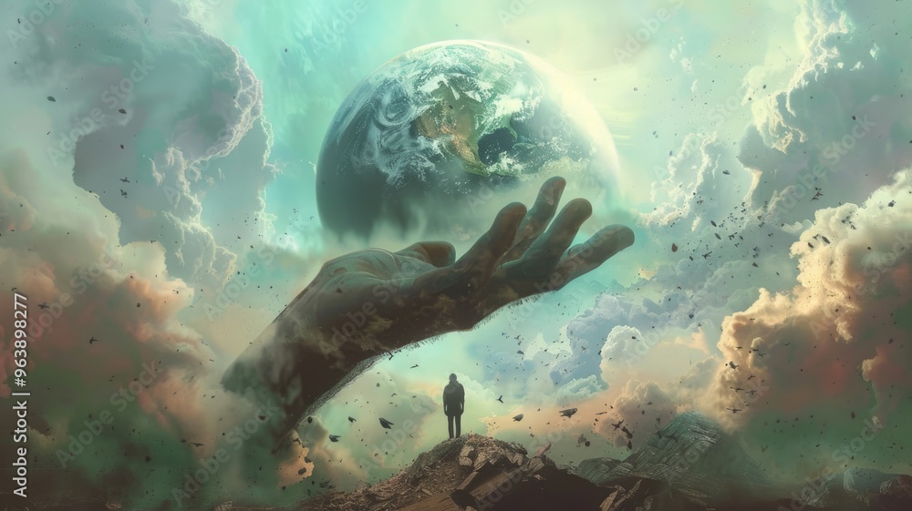 Giant hand holding the Earth with a person standing on a hill. People ...