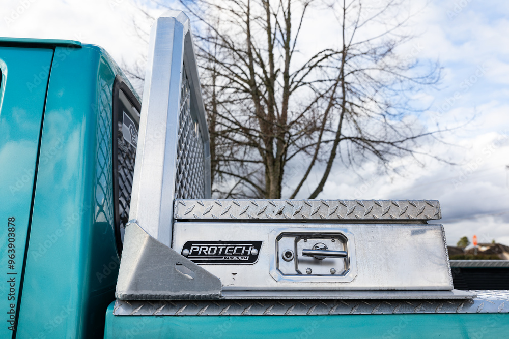 Portland, Oregon-USA-Jan 23, 2024- 1997 Green White Ford F-350 XLT ...