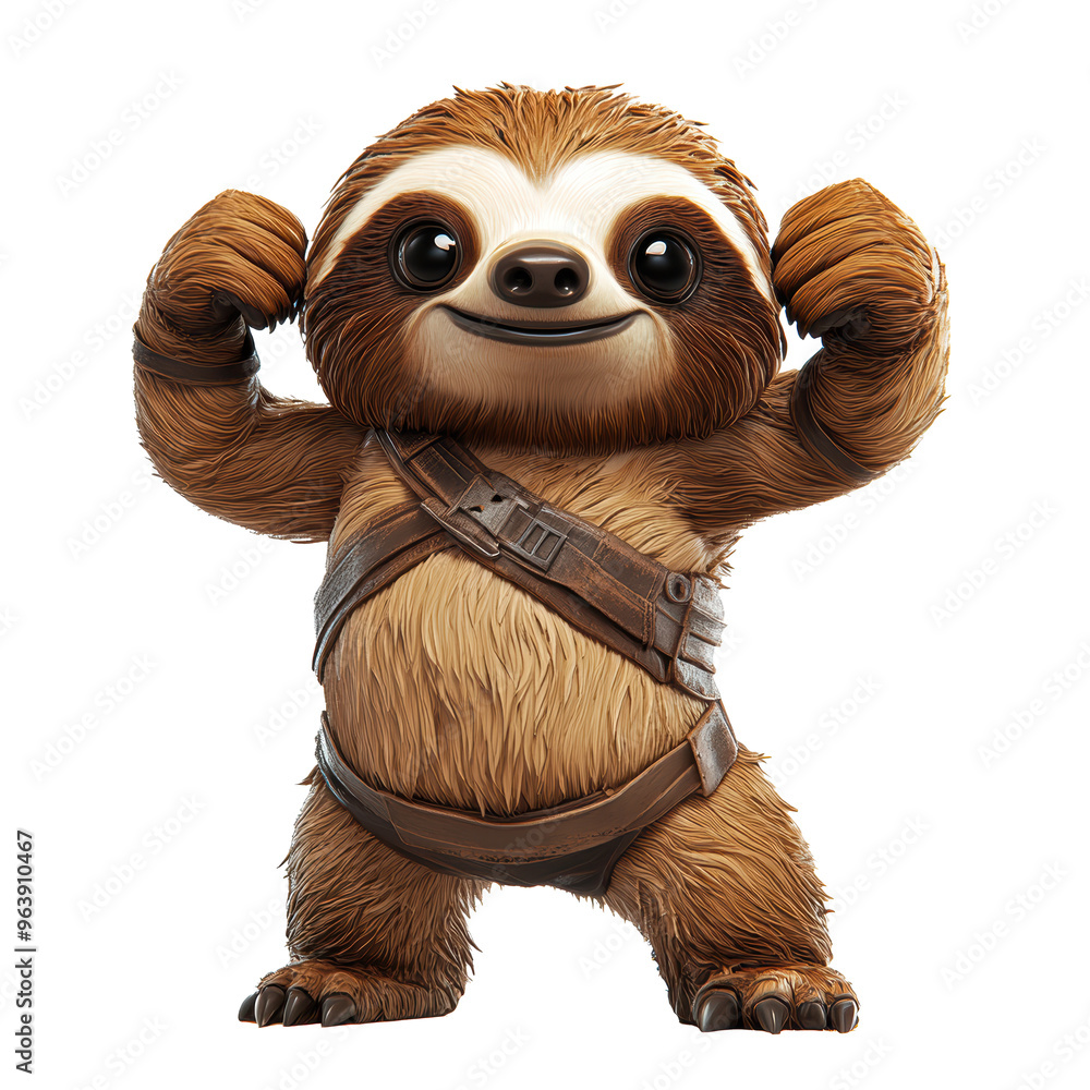 A cartoonish brown sloth with a backpack on its back is standing up and smiling. The sloth ...