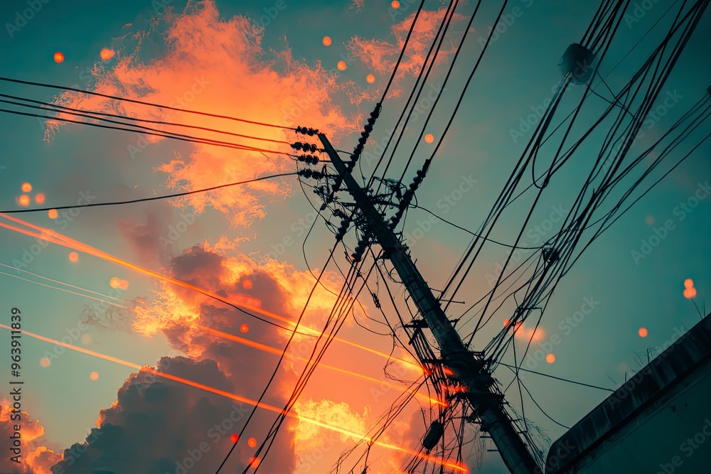 Close up bottom view electricity overhead power lines on sunset sky in ...