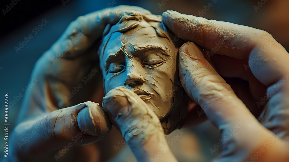 Molding a Clay Figurine: Close-up of hands carefully molding a small ...