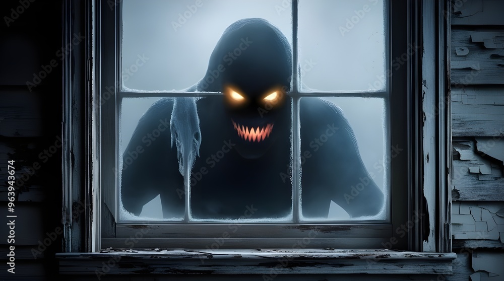 monster figure is peering through the foggy window Stock Illustration ...