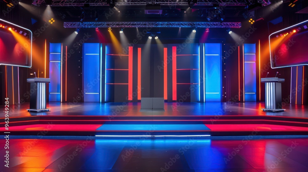 Elaborate game show set with podiums buzzers and audience for ...