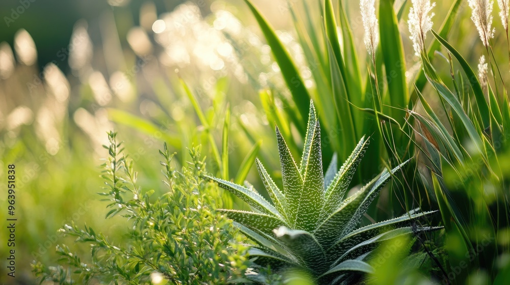 Macro view of aloe vera, pine, and snake plants, surrounded by ...