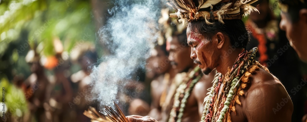 A small group of people participating in a cultural ritual, with ...