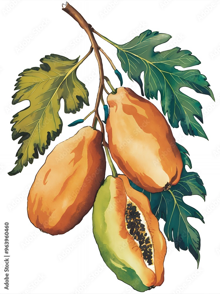 A cluster of ripe papayas hang from a branch, one papaya is split open ...