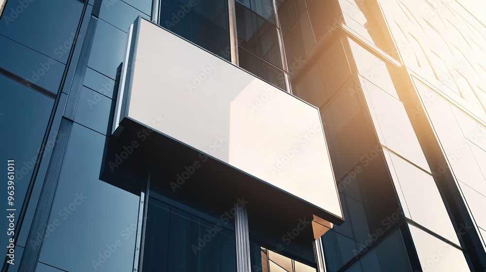 Square signboard mockup on building facade in PSD format. Clean and ...