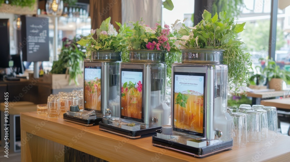 An innovative kombucha stand with interactive digital flavor selectors and bioluminescent brews ...