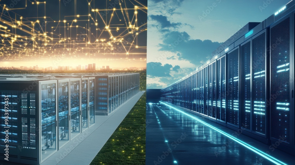 Photo & Art Print A visual comparison of a traditional data center vs a hydrogen-powered one ...
