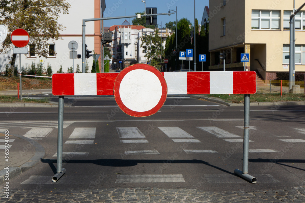 No entry traffic sign background. Temporary road closure. Restricted ...