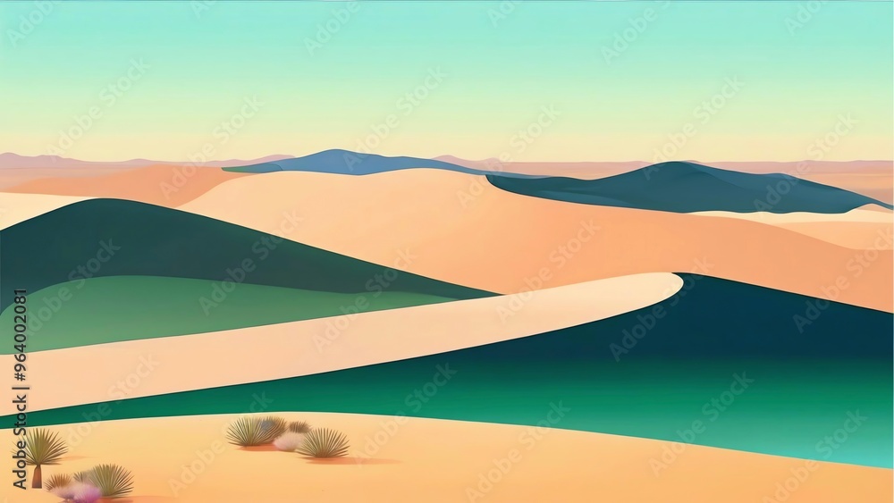An drawing in the flat style depicting a wide desert. There should be ...