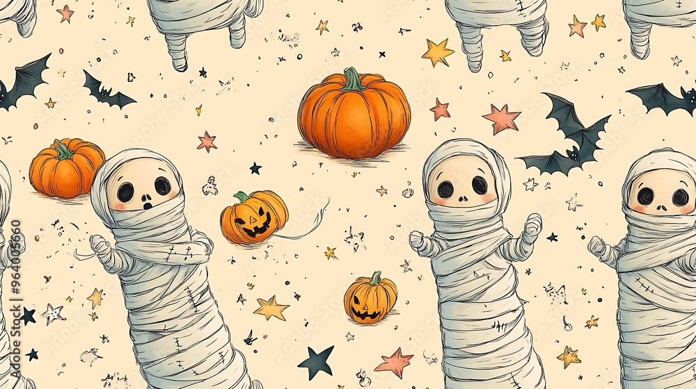 Adorable doodle-style seamless pattern of mummies competing in a wrap ...