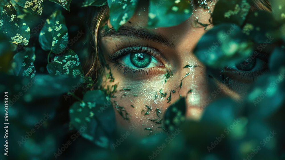 Close-Up of Woman's Eyes Peering Through Lush Green Leaves, Nature ...