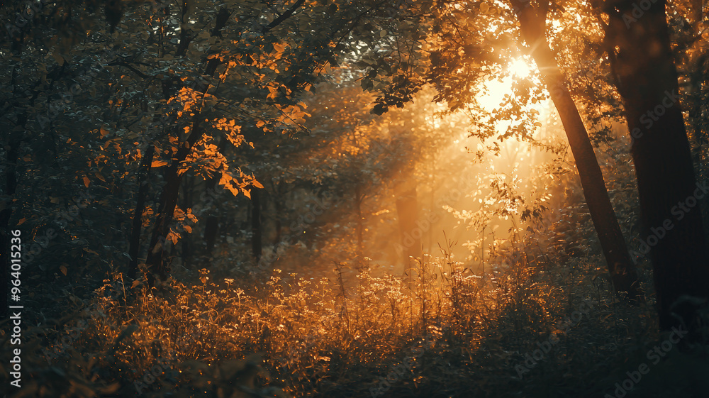 Sunlit Forest Scene with Crepuscular Rays, Dense Foliage, and Golden ...