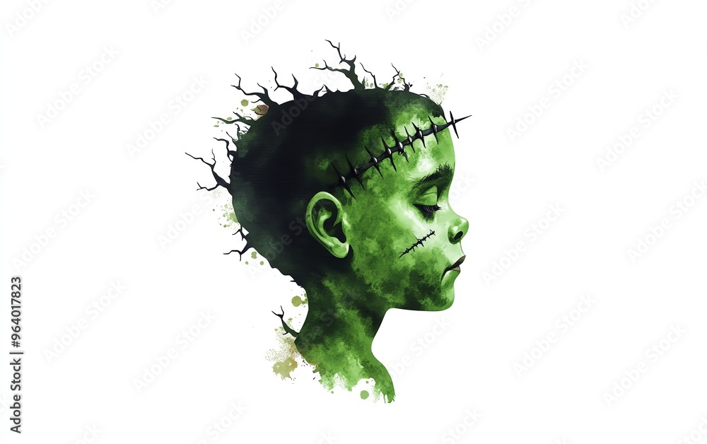 Baby Frankenstein character clipart, Halloween element, watercolor ...