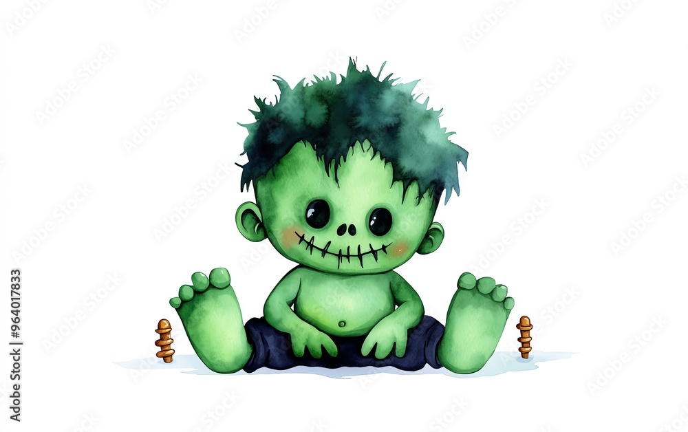 Baby Frankenstein character clipart, Halloween element, watercolor ...