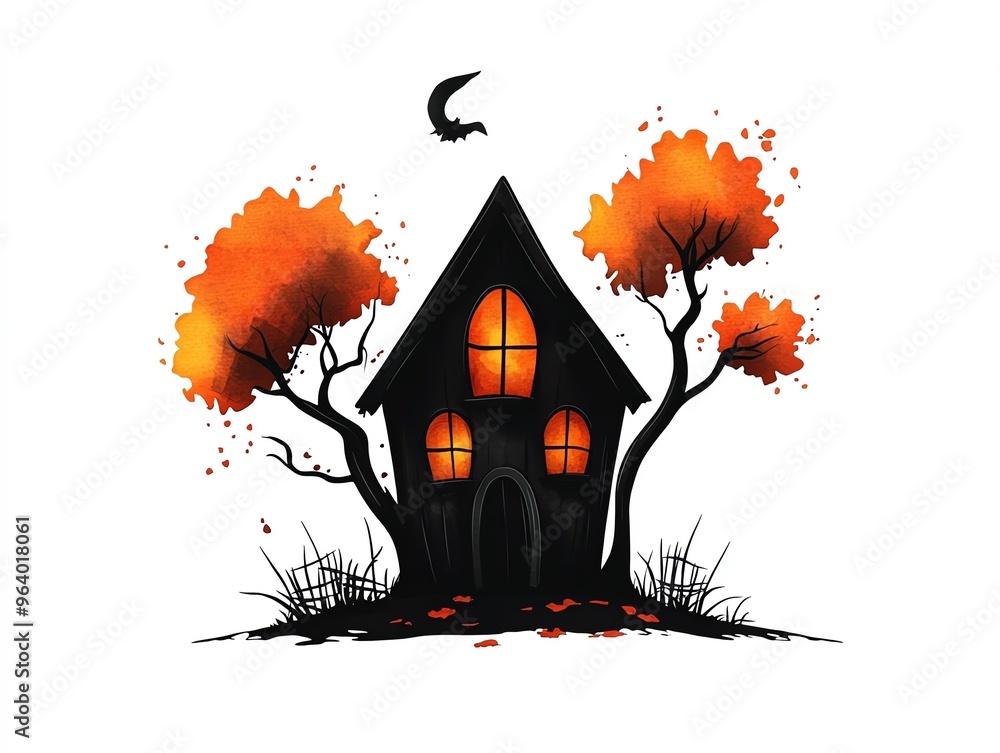 Cute haunted house character clipart, Halloween element, watercolor ...